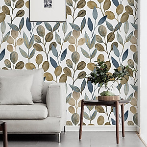 BaoHArtHome Gold Leaf Floral Wallpaper Peel and Stick Wallpaper Blue Contact Paper Removable Vinyl Boho Watercolor Vintage Wall Paper Renter Friendly for Bedroom Wall Mural 17.7in x 6.6ft