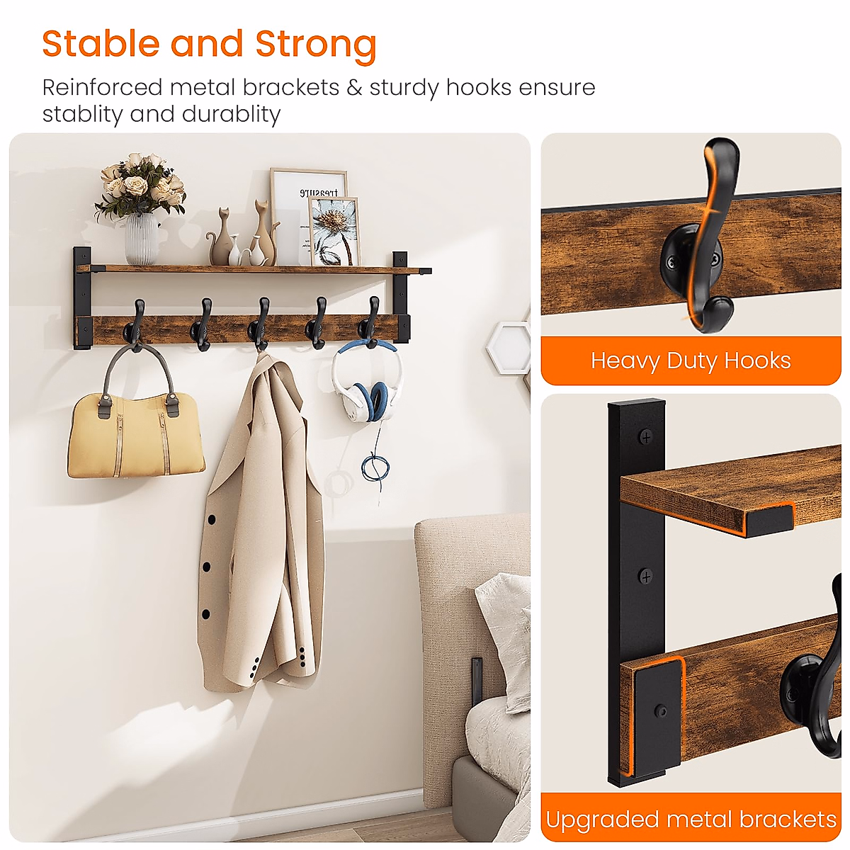 Homode Coat Rack Wall Mount, 29 Inch Long Shelf with Hooks, Wood Entryway Shelf with 5 Hangers for Hanging Hat Jacket Backpack Purse, Rustic Brown Black