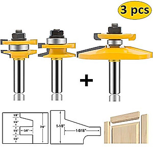 OLETBE 3 PCS Router Bit Set, 1/2-Inch Shank Round Over Raised Panel Cabinet Door Rail and Stile Router Bits, Woodworking Wood Cutter, Wood Carbide Groove Tongue Milling Tool(Gold)