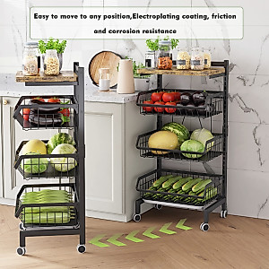COVAODQ Fruit Basket 4-Tier Adjustable Fruit Vegetable Basket Cart Metal Wire Storage Cart Rolling Pantry Utility Kitchen Cart