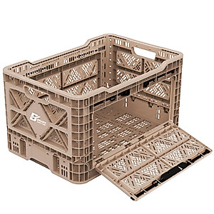 Bigant Heavy Duty Collapsible & Stackable Plastic Milk Crate-Medium Size, Tan, Stackable Open Front Organizer, Snap Lock Foldable Industrial Garage Storage Bin Container Utility Basket