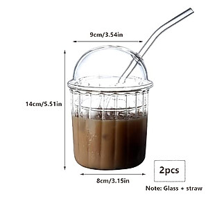 Glass Cups with Glass Dome Lid and Straws,Reusable Wide Mouth Smoothie Cups 14oz Glass Coffee Iced Cup Tumbler Glass Bubble Tea Cup for Coke Soda Home Office Bar