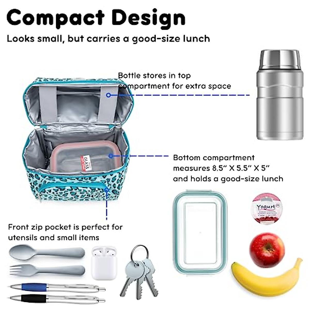 J World Corey Kids Lunch Bag. Insulated Lunch-Box for Girls, Women, Mint Leopard