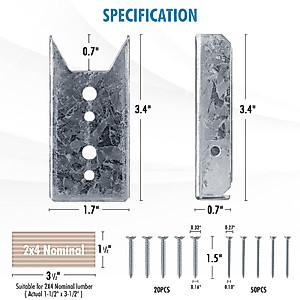 LukLoy 10 Pack 2x4 Brackets for Wood Rail, Fence Brackets Repair Kit Galvanized, Deck Railing Bracket Connectors for 2"×4"(Actually 1.5"x3.5") Wood Post, Includes 70PCS 304 Stainless Steel Screws