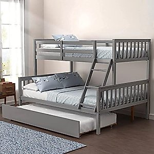 Tatub Twin Over Full Bunk Bed with Trundle, Solid Pine Wood Frame and Ladder with Guard Rails for Kids, Teens, Boys and Girls, No Box Spring Needed, Bunk Bed Grey