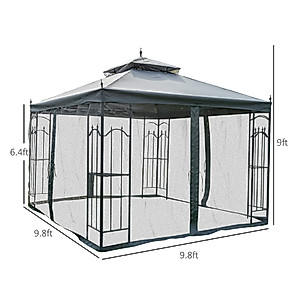 Outsunny 10' x 10' Patio Gazebo with Corner Frame Shelves, Double Roof Outdoor Gazebo Canopy Shelter with Netting for Patio, Wedding, Catering & Events, Gray