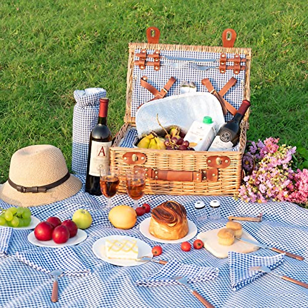 DHAEE Wicker Picnic Basket Set for 4 Person with Cooler Compartment and Waterproof Picnic Blanket,Removable Strap,Wine Bag,Cutlery Set,for Camping,Day Travel,Beach,Hiking,BBQ and Family/Couples Gifts
