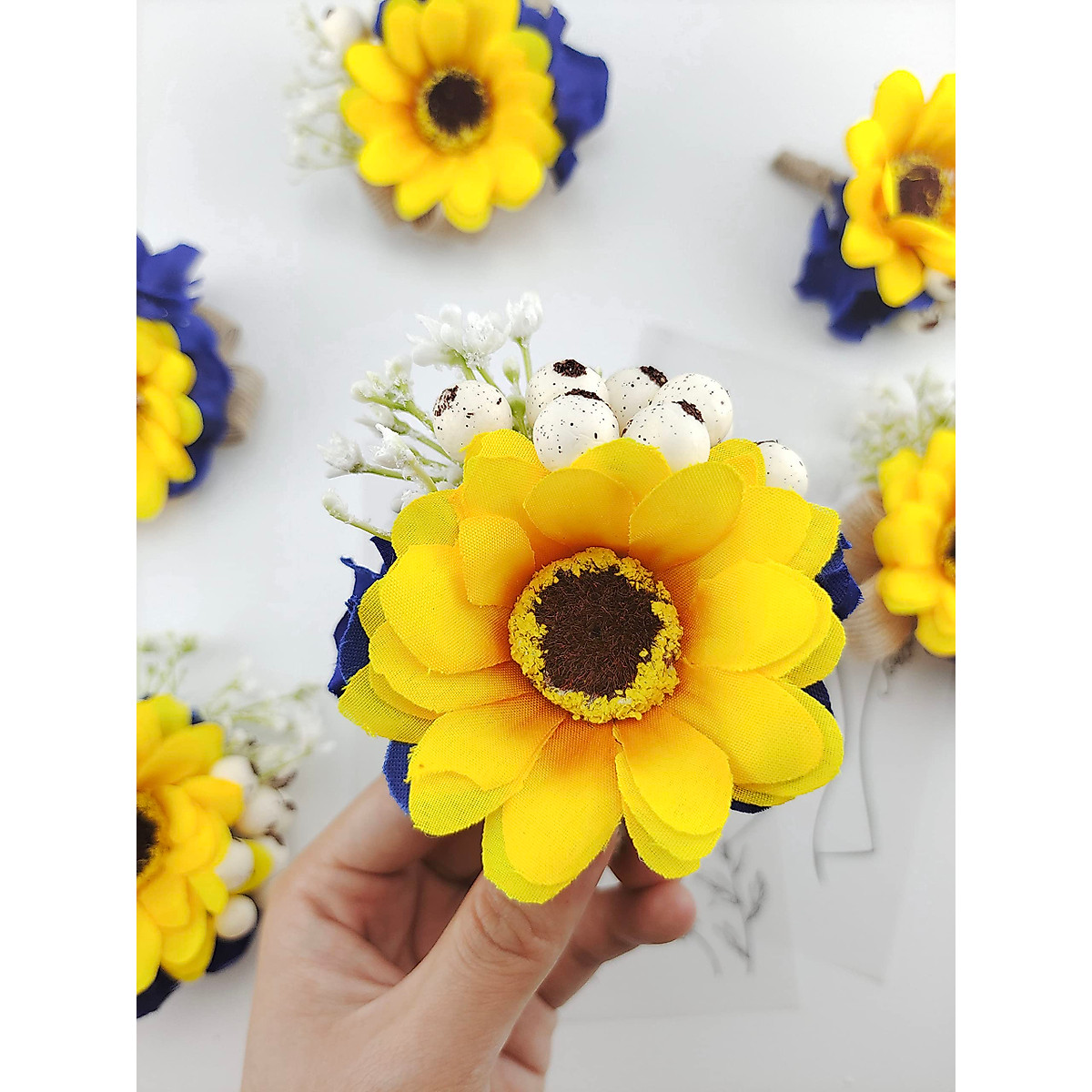 Ciandid Sunflower Wrist Corsage and Boutonniere Set for Wedding, 3PC Groom Boutonniere & 3PC Bride Wrist Corsage Wristlet Band Bracelet Artificial Flower for Wedding Ceremony Party Prom