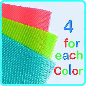 Bravolated 12 Pack Refrigerator Mats Shelf Liners for Glass Shelves (4 Green 4 Blue 4 Red) Fridge Liners Washable Pads Liners for Refrigerator EVA Shelf Liner