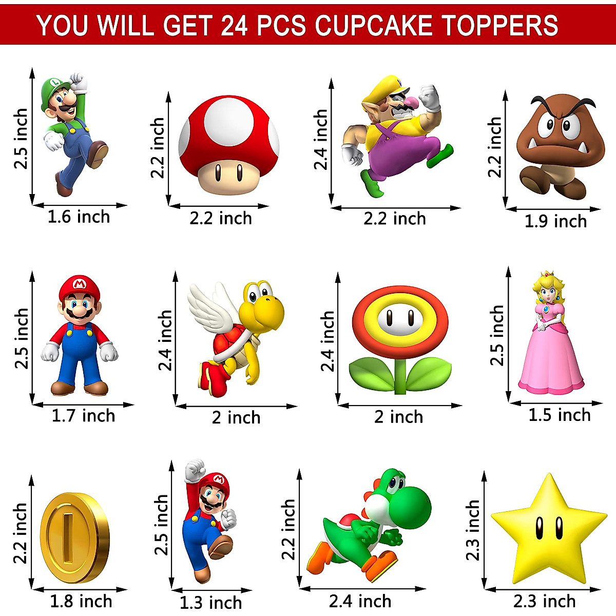 Mario Birthday Party Supplies, 24PCS Cupcake Toppers Decorations for Mario Party Supplies Decor