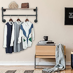 Clothes Rack with Shelf, 36in Industrial Pipe Wall Mounted Garment Rack, Space-Saving Display Hanging Pipe Clothes Rack, Heavy Duty Detachable Multi-Purpose Hanging Rod for Closet Storage(1-Layer)