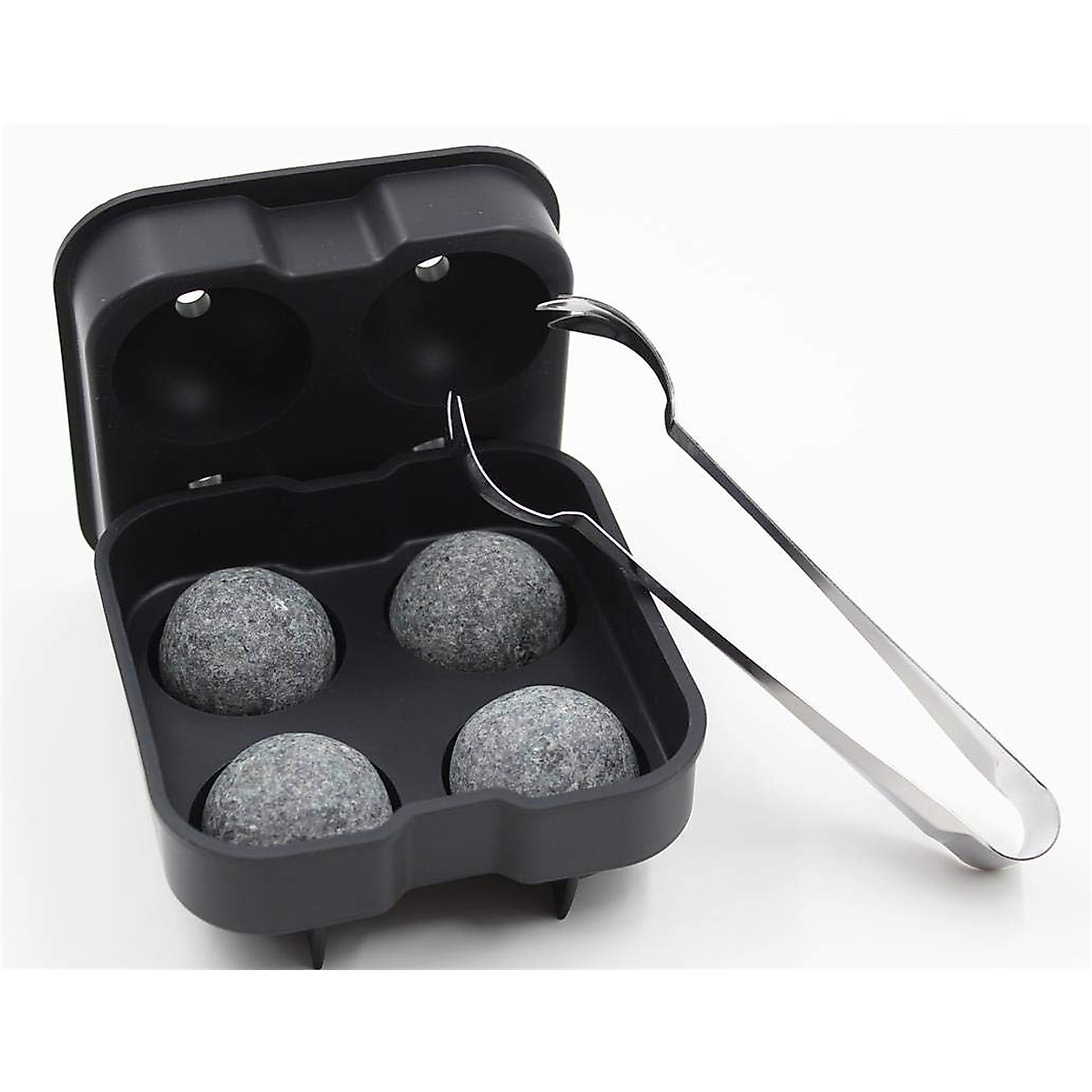 Whiskey Stones Set include 4 Large Sphere Granite Whiskey Rocks + Silicone Ice cube tray + Stainless Steel Tong. Large and Reusable whiskey stone could chill your Whiskey & Beverage longer