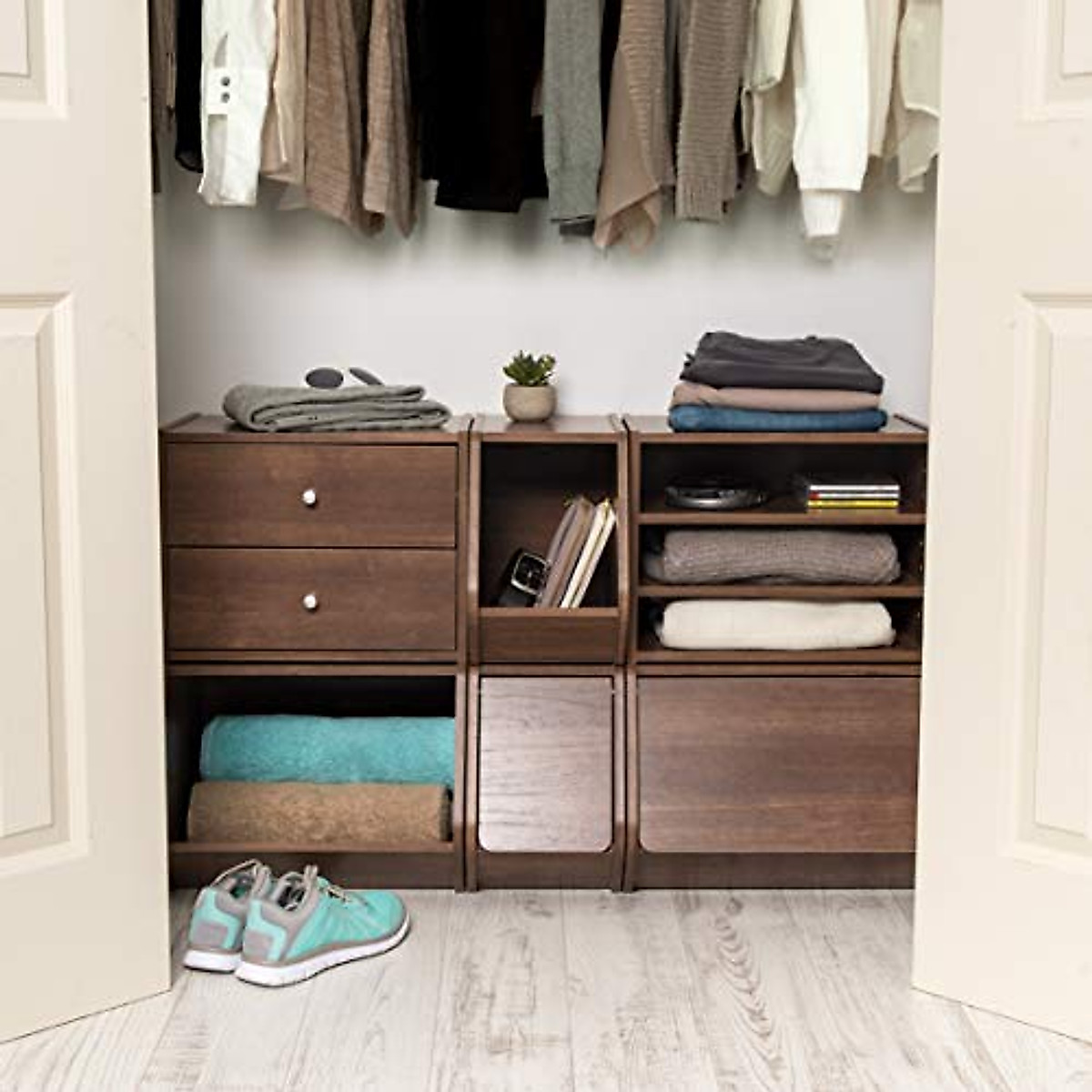 IRIS USA 3-Shelves Modular Wood Stacking Storage Box, for Office Closet and Nightstand, Easy Assembly, Customizable, Stacking Storage Boxes, Walnut