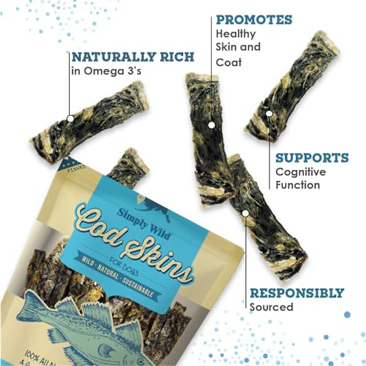 Simply Wild Cod Skins Alaskan Cod Fish Training Treats for Dogs-Dehydrated Fish, All Natural Human Grade Skins - Low Fat Treat Sustainably Sourced in USA (6.6 Oz)