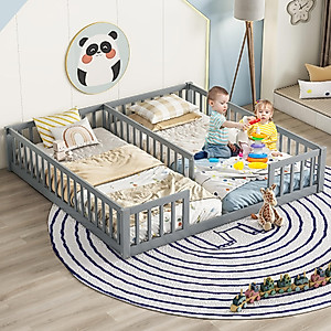 Mirightone Double Twin Bed Frames for Kids, Wood Montessori Bed with Fence Guardrails, Double Twin Floor Bed Side by Side for Boys Girls Children, Grey