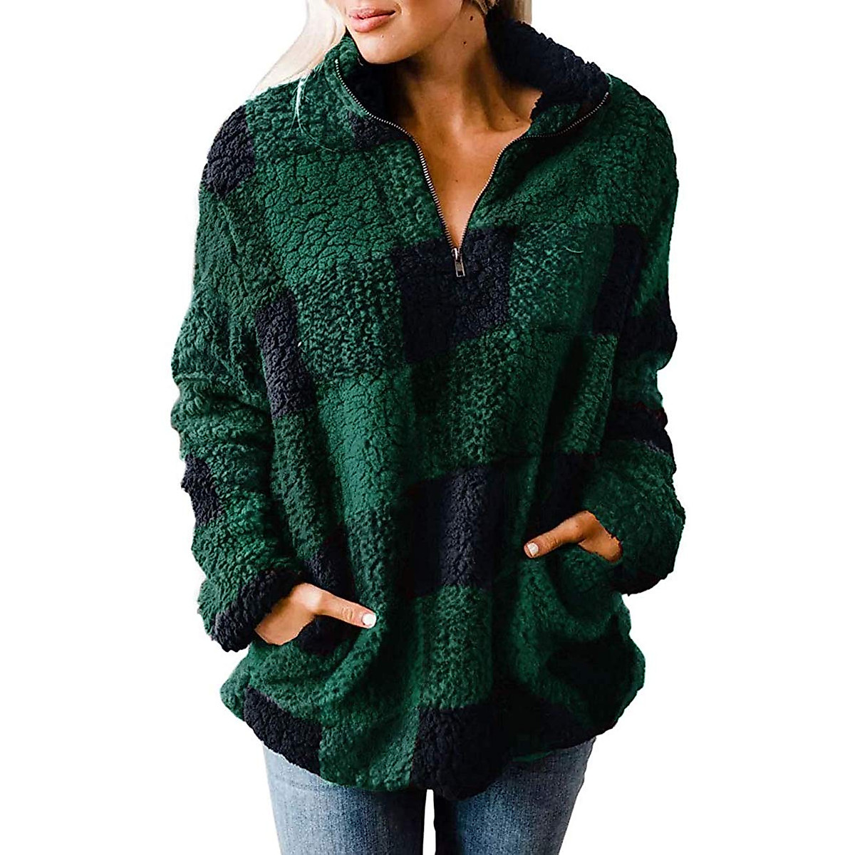 MEROKEETY Women's Plaid Sherpa Fleece Zip Sweatshirt Long Sleeve Pullover Jacket, Green, L