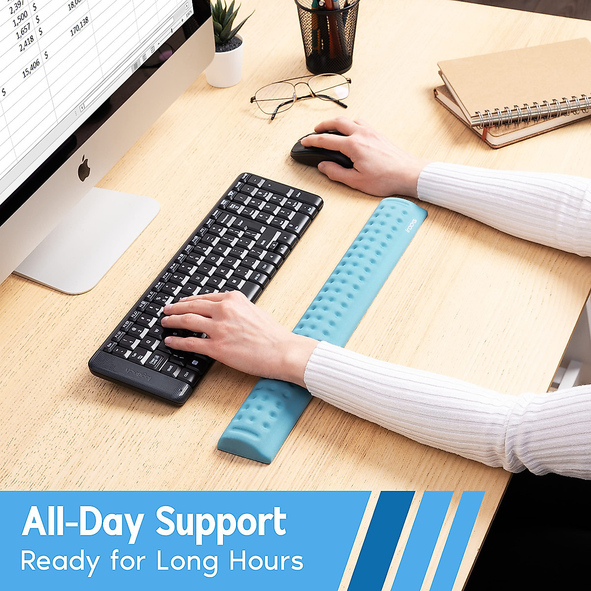 i-Rocks IRC41 Ergonomic Keyboard Memory Foam Wrist Rest Pad with Anti-Slip Base; Provides Cushioned Support and Pain Relief for Office, Gaming, Computer, Laptop, and Typing. (Black)