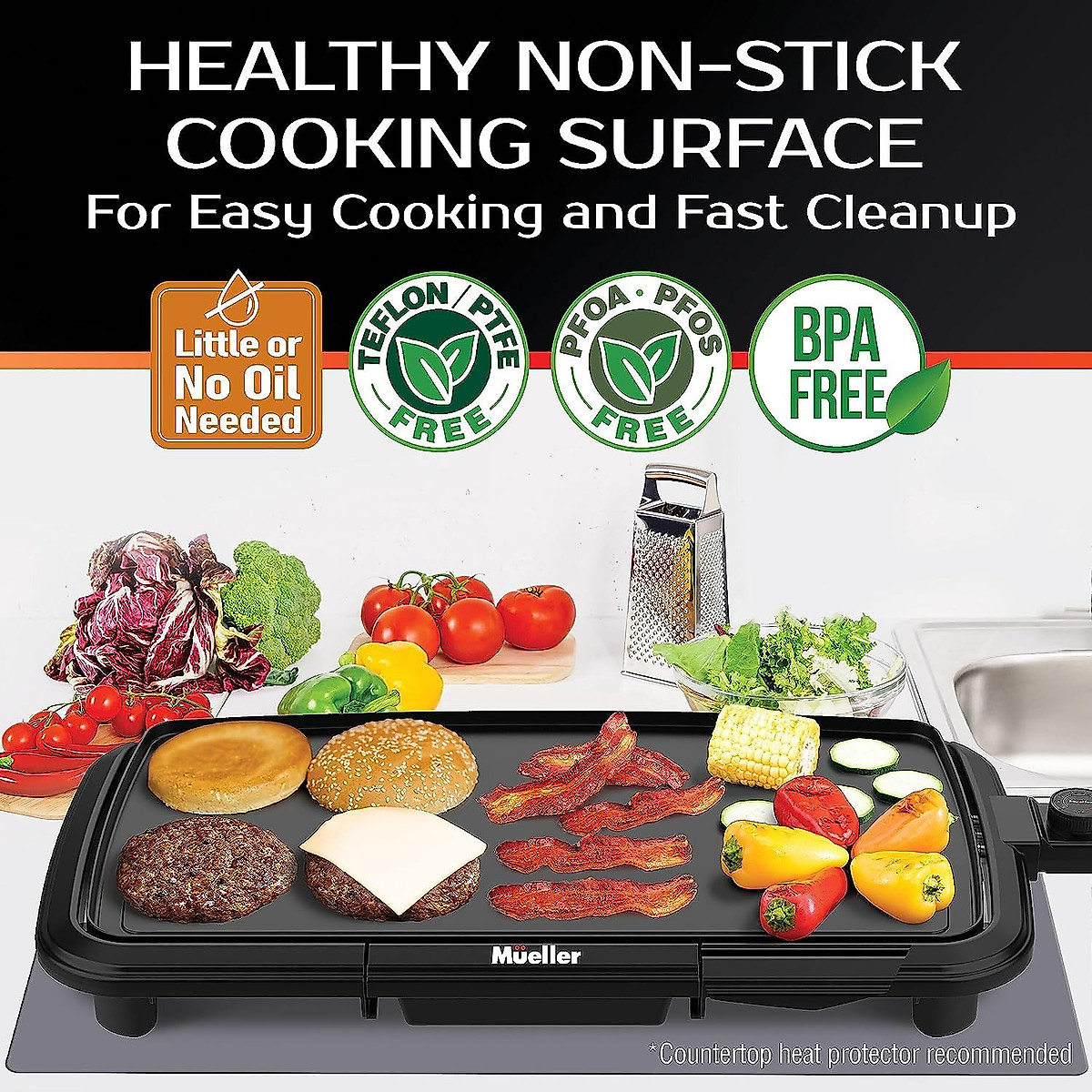 Mueller HealthyBites Electric Griddle Nonstick, 20 Inch Eco Pancake Griddle Grill Teflon-free, 10 Eggs at Once, Cool-Touch Handles & Slide-Out Drip Tray, for Breakfast Pancakes, Burgers, Eggs