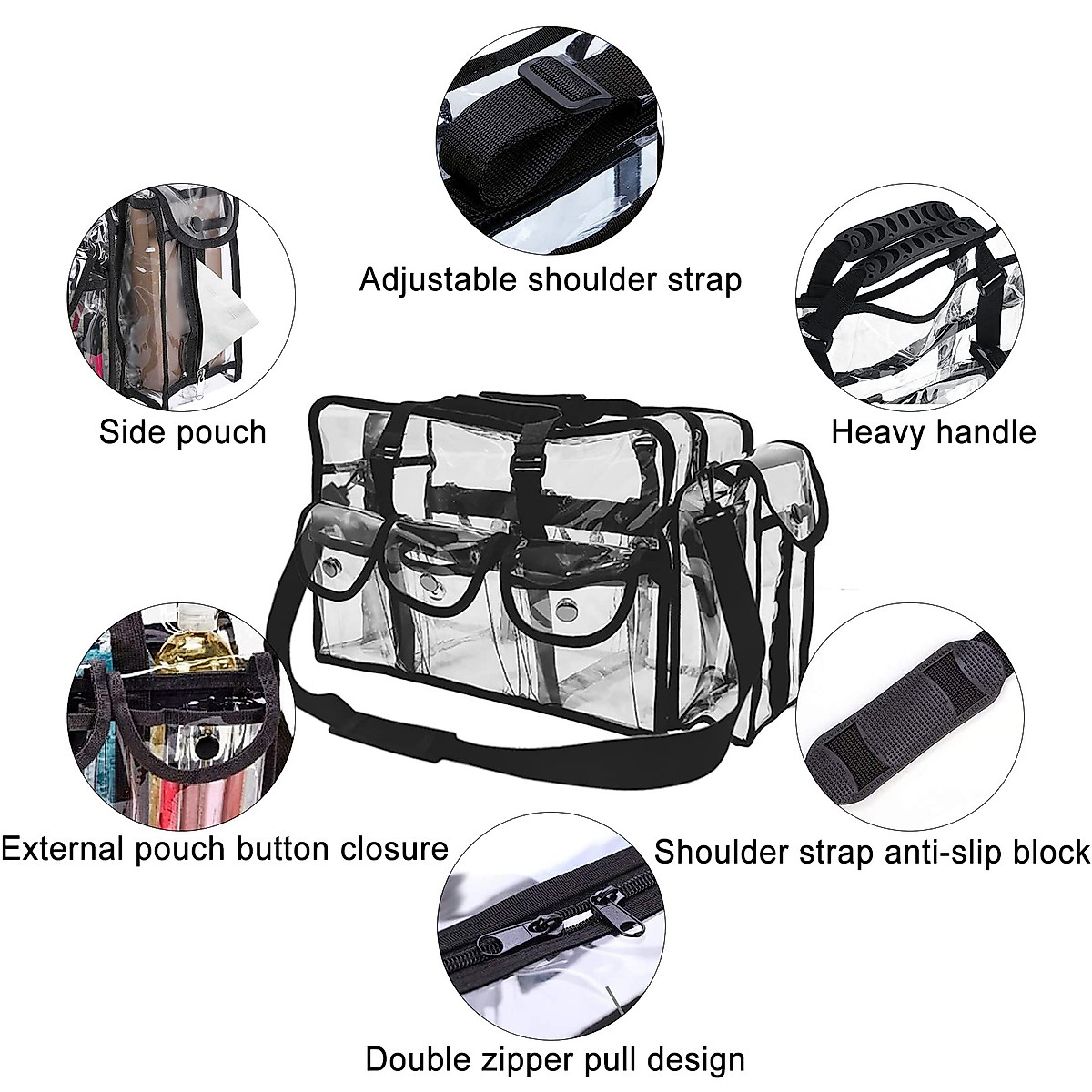 Enkrio Clear Cosmetics Bag Transparent Travel Makeup Bag with 4 External Pockets and Shoulder Strap Zippered Toiletry Carry Pouch Beach Bag