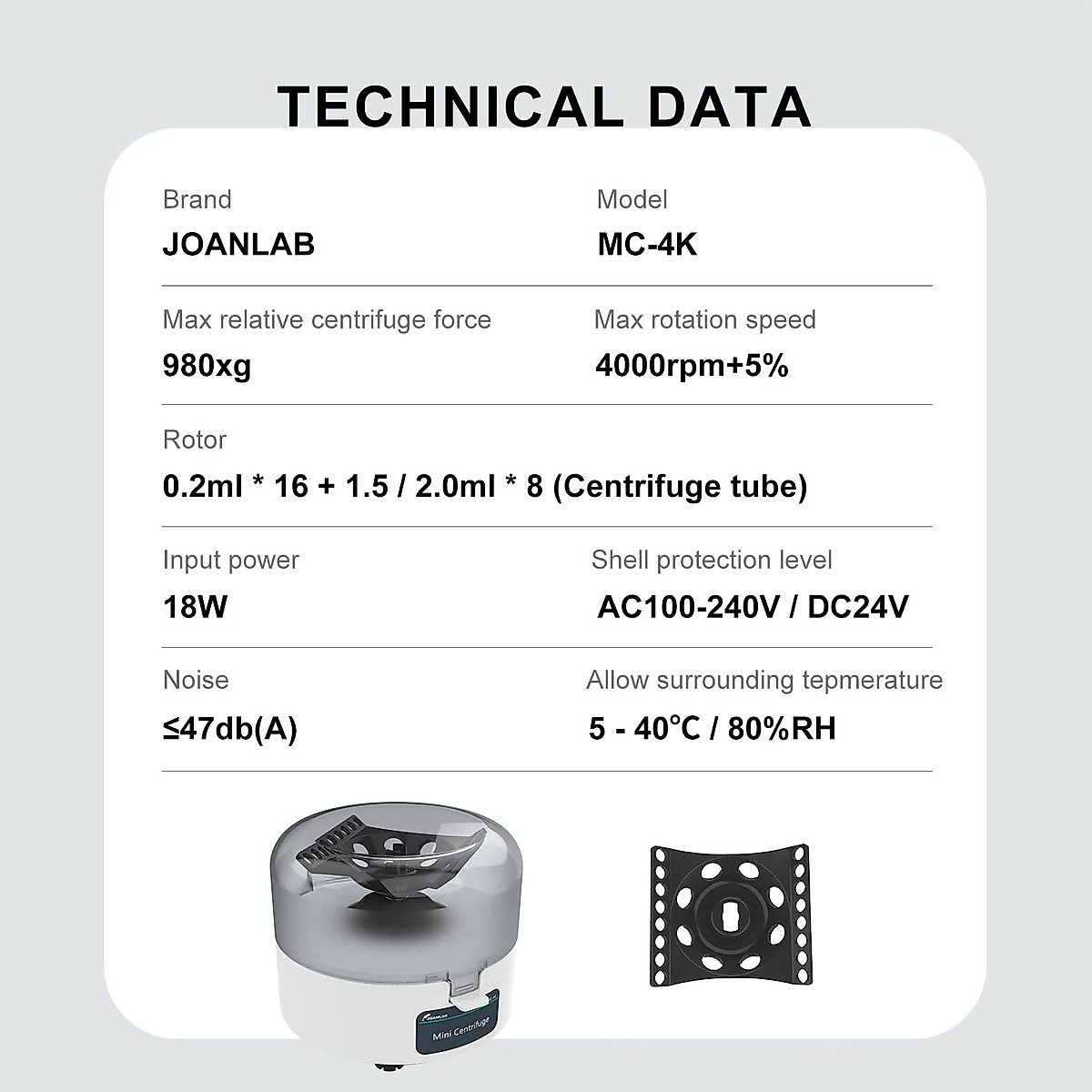 Mini Centrifuge Machine 4000RPM 0.2ml/1.5ml/2ml with 2-in1 Rotor Portable Lab Equipment Microcentrifuge Machine