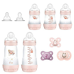 MAM Newborn Essentials "Baby Essentials" Matte Gift Set (9-Piece), Easy Start Anti-Colic Baby Bottles, Baby Pacifiers, Girl
