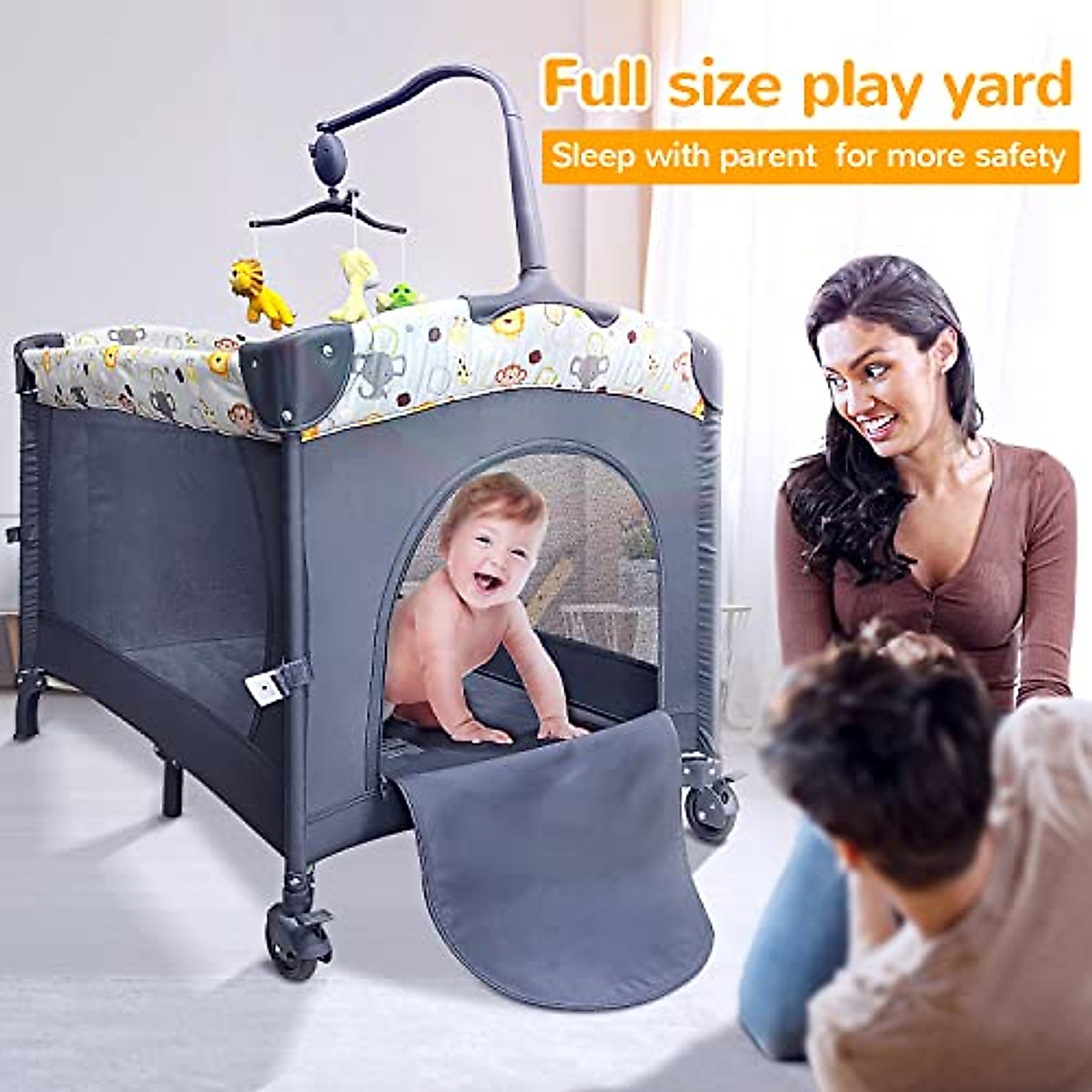 SKIH 5 in 1 baby bedside Sleeper, Bassinet with Toys & Music Box, Mattress, Foldable Playard, Portable Travel crib for Girl Boy Infant Newborn (Grey)