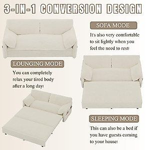 3 in 1 Convertible Queen Sleeper Sofa Bed Comfy Pull Out Futon Couch Bed 63.8" Modern Velvet Recliner Loveseat Sofa Multi-Functional Black Cloud Couch for Living Room,Apartment,Office (Beige 63.8in)