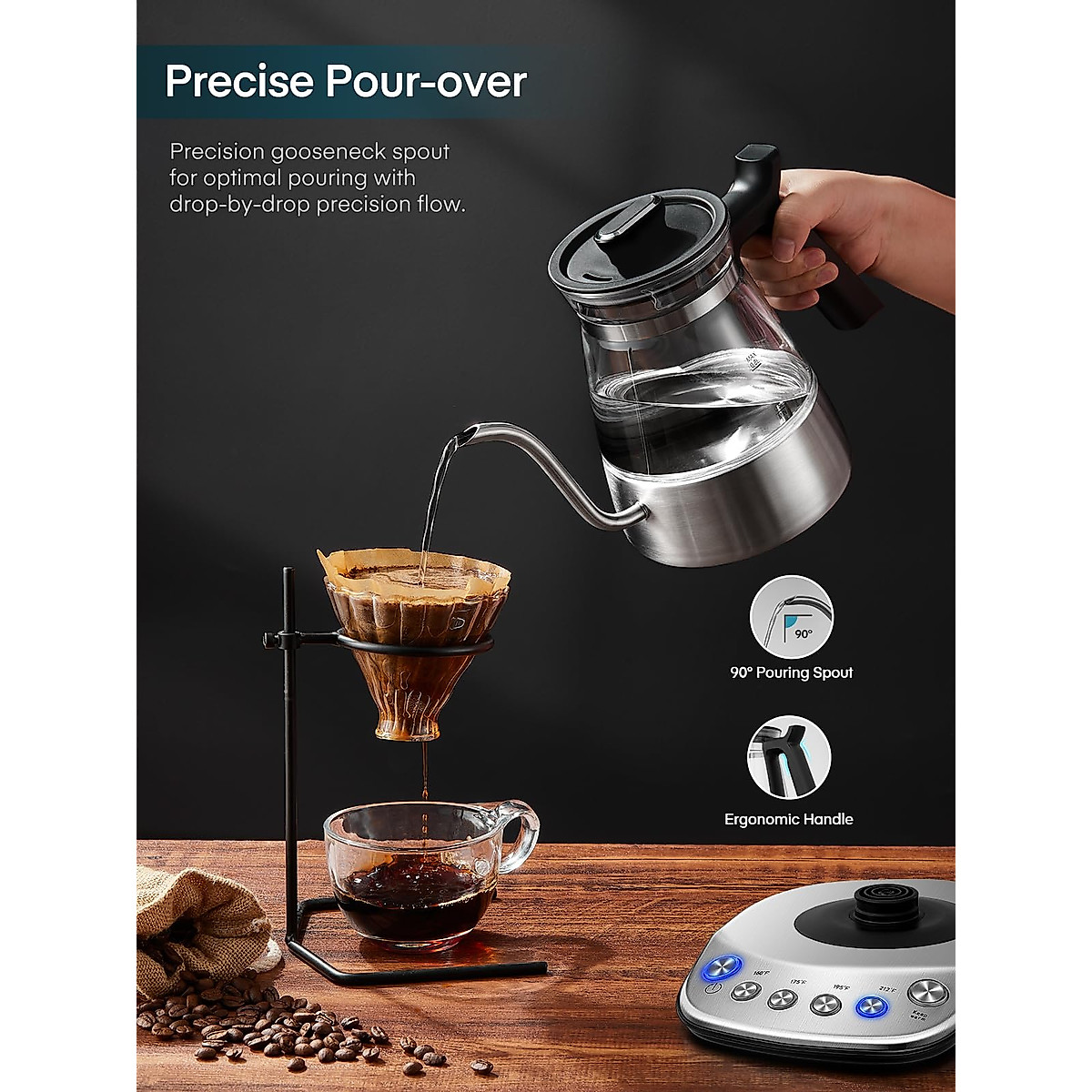 Aiheal Electric Gooseneck Kettle, Glass Electric Tea Kettle with 4 Temperature Control Presets and Keep Warm Function, Pour Over Kettle for Coffee and Tea, Hot Water Boiler, Quick Heating, 1200W/0.8L