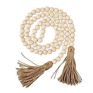 Hagao Farmhouse Beads, Natural Wood Bead Garland Rustic Country Beads with Tassles Wall Hanging Décor 57"