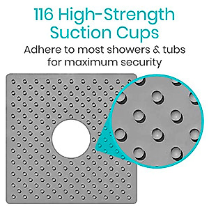 Vive Shower Mat - 22" by 22" Square Non Slip Large Bath Mat for Bathtub - Patented Design - Suction Cup Traction Skid Pad for Stalls Floors Tub - Textured Rubber with Drain Hole