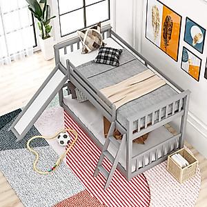 Harper & Bright Designs Low Bunk Bed for Kids, Solid Wood Twin Over Twin Floor Bunk Bed with Slide and Angle Ladders, Twin Bunk Bed for Kids Toddlers Teens (New, Gray)