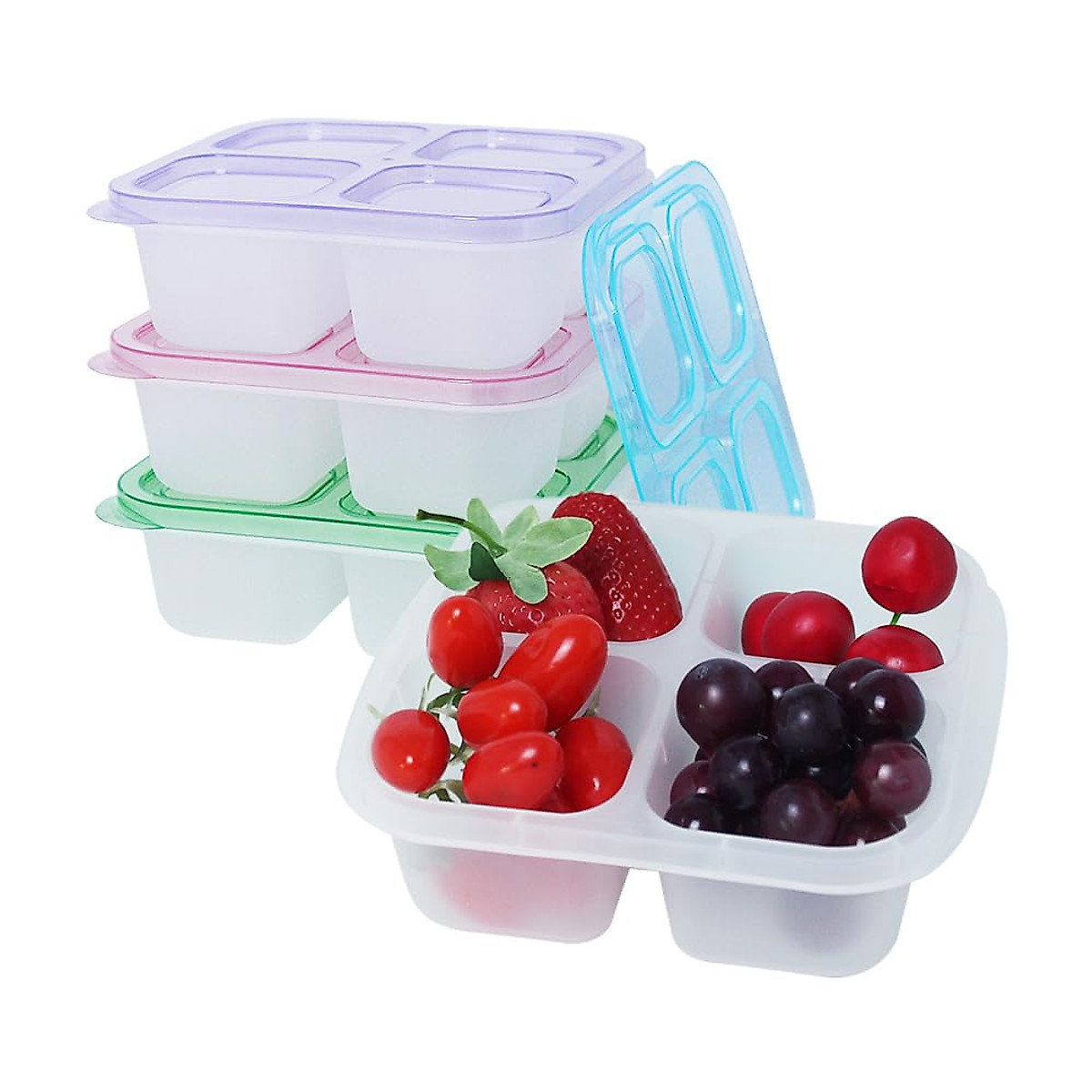 Aimkeoulee 4 Pack Snack Containers with Lids,Reusable 4 Compartments Bento Lunch Box, Divided Meal Prep Lunch Box, Food Storage Containers (Multicolor 2(Pink/Green/Blue/Purple))