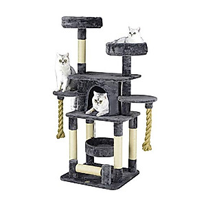 Go Pet Club 57.5" Jungle Rope Cat Tree Kitty Condo Tower House Furniture with Swing Bed and Spinning Scratching Post, Slate Gray