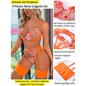 Kaei&Shi Glow in the Dark Lingerie for Women,Underwire Floral Embroidered Sexy Lingerie Set,Blacklight Matching 4 Piece Lingerie Petite Neon Orange X-Small