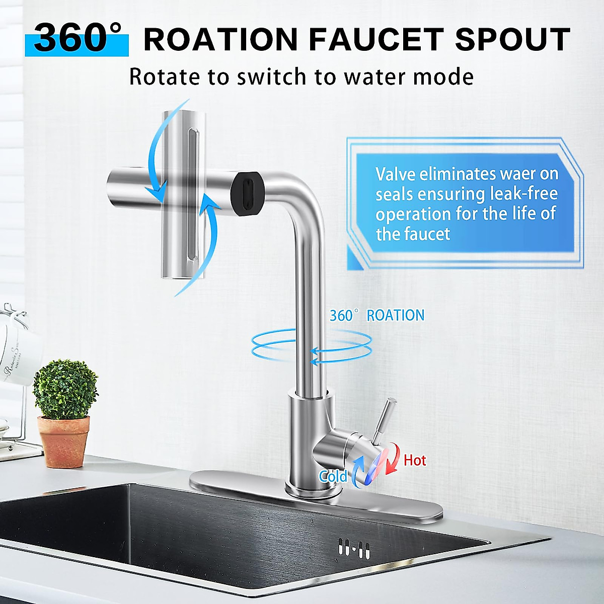 Kitchen Faucets with 4 Modes Pull Down Sprayer, Kitchen Sink Faucet with Soap Dispenser, Stainless Steel Modern Waterfall Faucet for Kitchen Sink, Bar, Laundry, Rv (3/8-Inch Hose)