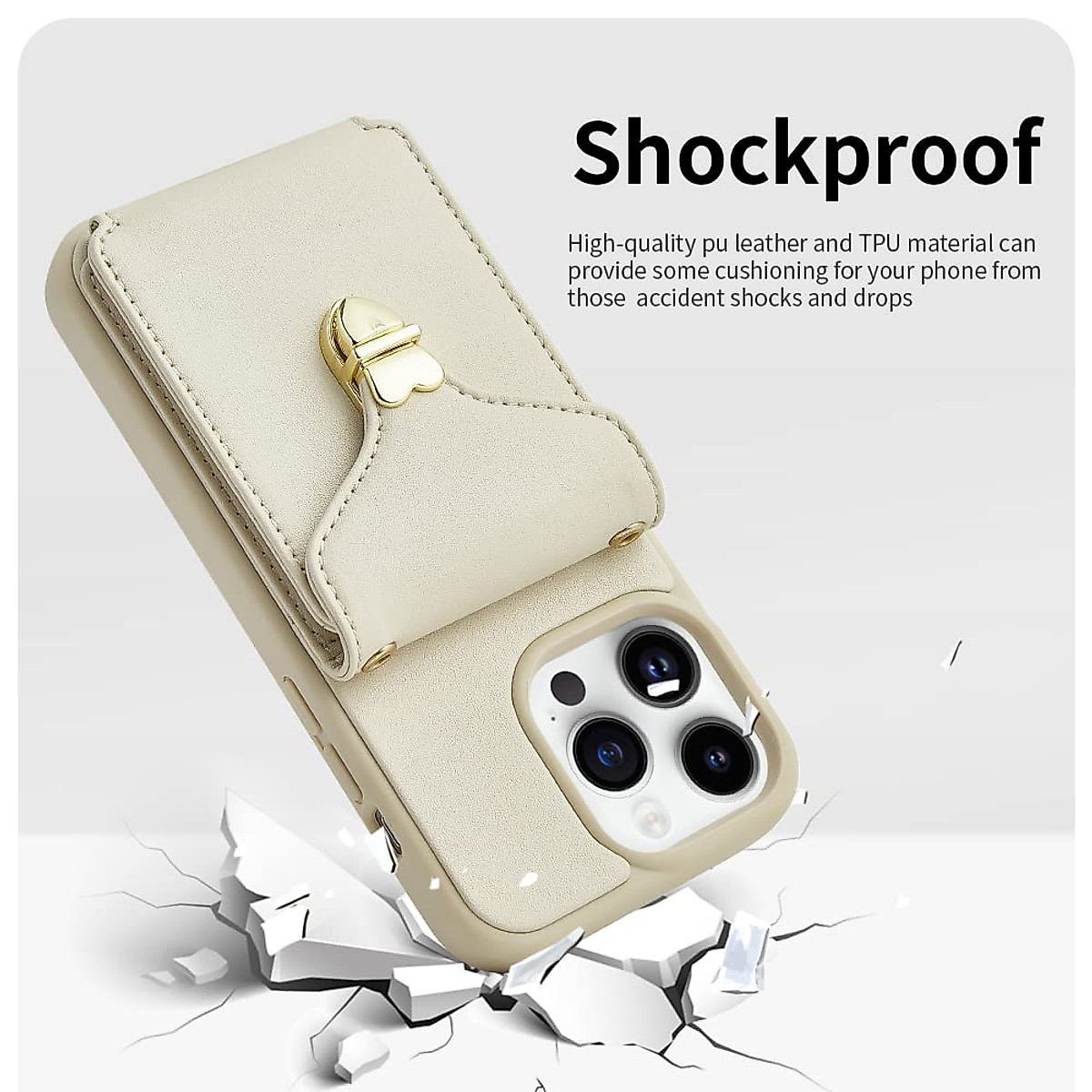 JLFCH ROMIELA for iPhone 14 Pro Max with Crossbody Chain Wrist Strap Card Holder 6.7 inch - Beige