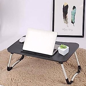 Folding Computer Desk Laptop PC Lazy Bed Table with Storage Drawer Serving Tray Bed Table with Slot Lap Work Desk Corner Desk Portable Small Desk with Water Bottle Holder Eating (Color : Black)