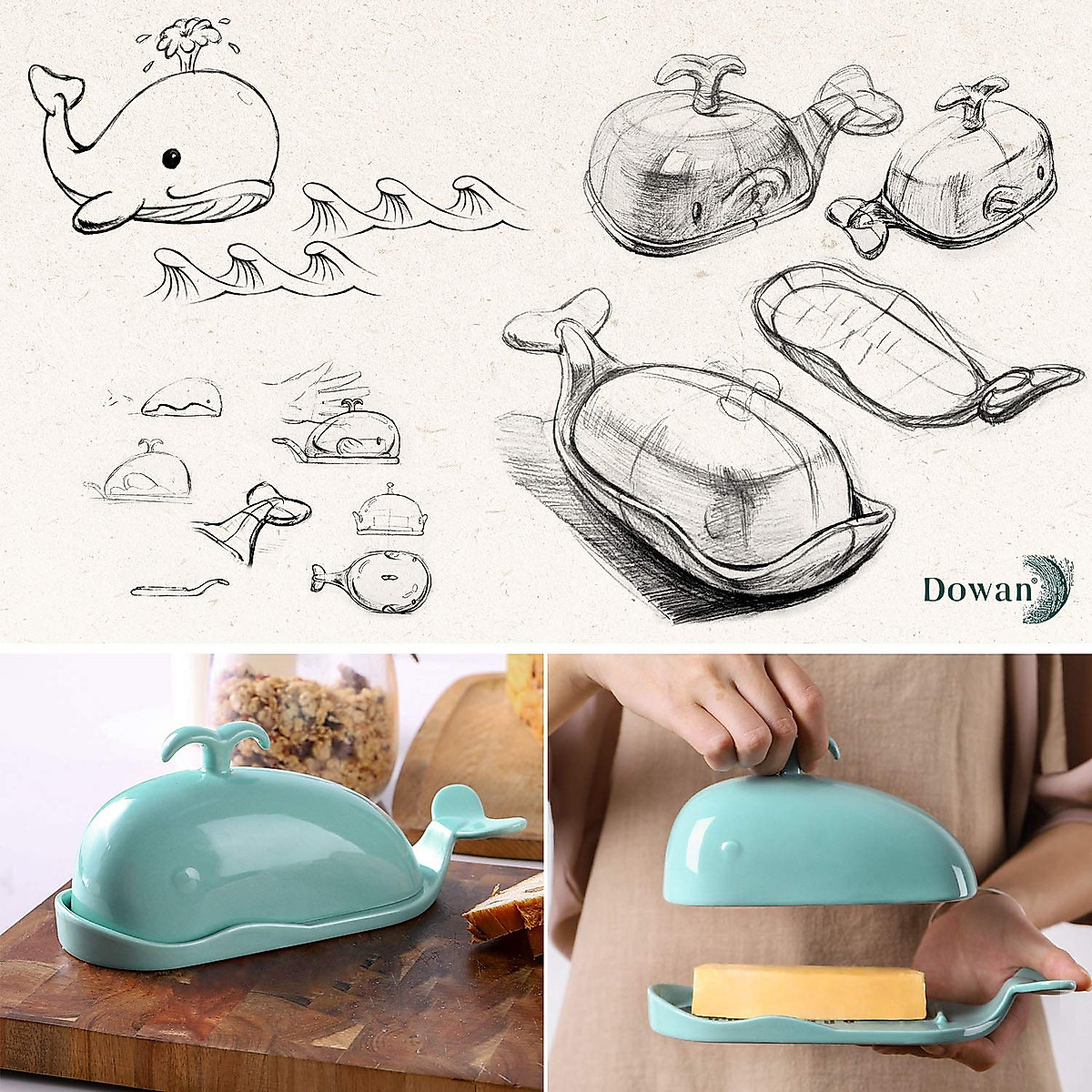 DOWAN Whale Butter Dish, Cute Butter Dish, Funny Gifts for Mom Wife Friends, Fish Bone Cutting Measuring Lines and Tail Non-slip Design, Ideal Decor Gift for Birthday Wedding Housewarming, Turquoise