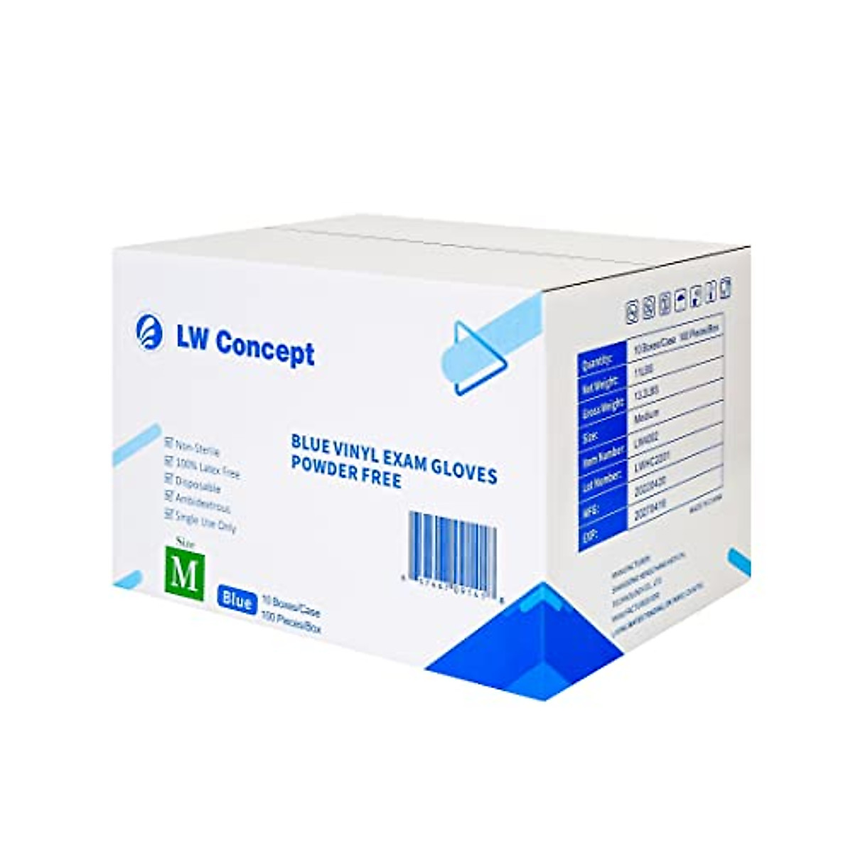 LW Concept Blue Vinyl Exam Gloves for Medical/Food Safe/Cleaning/Handling Use Multipurpose Latex & Powder Free, 4.5 mil (LW4002, Medium)