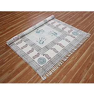 Casavani Hand Block Printed Cotton Dhurrie Bordered Blue & Brown Area Rug Doormat Floor Rug Indoor Area Rugs for Bedroom Living Room Laundry Room 6x8 Feet