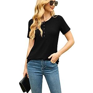 IWOLLENCE Womens Button Down Shirt Short Sleeve Henley Shirt Waffle Knit Tunic V Neck Tops Loose Fit Black Large