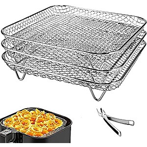 8" Air Fryer Rack,3 Stackable Square Stainless Steel Air Fryer Rack Compatible with Instant Vortex,Philips,COSORI Air Fryer, Fit all 4.2QT - 5.8QT Oven Press Cooker Dehydrator Rack Air Fryer Accessories
