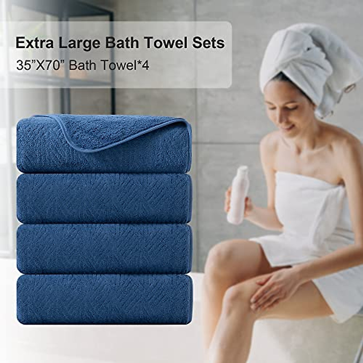 Tigona 4 Pack Bath Towels Extra Large 35"x 70"Highly Absorbent Quick Dry Large Bath Towels Oversized Microfiber Bath Sheets Soft Bulk Towels for Bathroom Kitchen Spa Hotel Gym Pet(Navy)