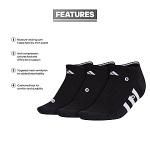 adidas Women's Cushioned No Show Socks (3-Pair) Athletic, Low Profile Look with Arch Compression for a Secure fit, Black/Night Grey/White, Medium