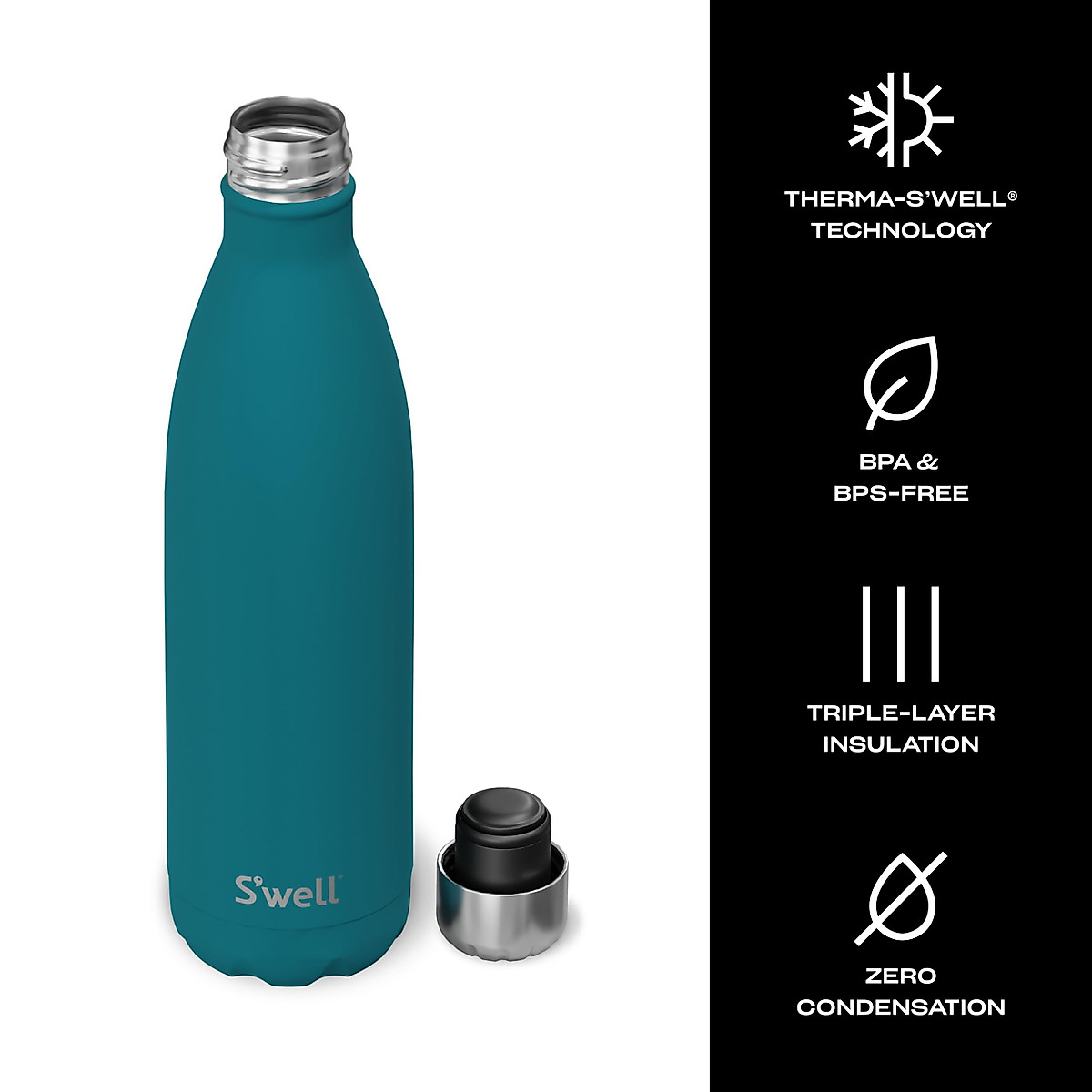 S'well Stainless Steel Water Bottle, 25oz, Peacock Blue, Triple Layered Vacuum Insulated Containers Keeps Drinks Cold for 48 Hours and Hot for 24, BPA Free, Perfect for On the Go