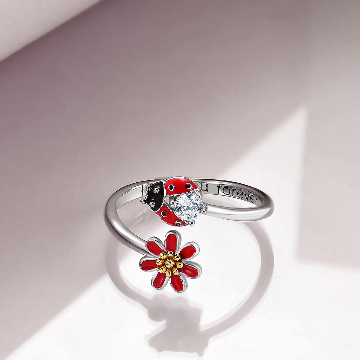 POPLYKE Ladybug Ring Jewelry for Women Sterling Silver Ladybug Daisy Rings Size (8)