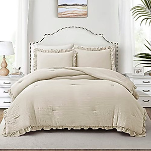 Bonlino Home Bed Bedding Comforter Set - 3 Pieces Queen Comforter Set, Farmhouse Bedding Set with Ruffle Bed Comforter & Ruffle Pillows Shams(Queen Size Wheat)