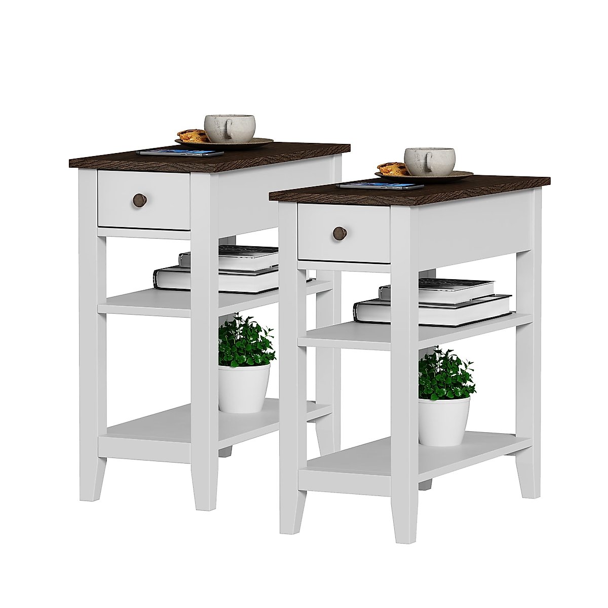 ChooChoo Side Table Living Room Set of 2, Narrow End Table with Drawer and Shelf, 3-Tier Sofa End Table for Small Space, White and Brown