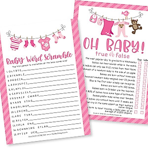 75 Pink Who Knows Mommy Best, Baby Prediction and Advice Cards etc, 25 True Or False, Word Scramble For Baby Shower Ideas - 8 Double Sided Cards Baby Shower Games Funny, Baby Shower Party Supplies