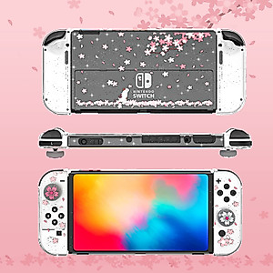 Switch OLED Protective Case, Switch OLED Clear Case with Tempered Glass Screen Protector and Thumb Grips - Cherry Blossom